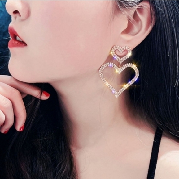 Jewelry | Luxury Double Heart Rhinestones Drop Earings | Poshmark